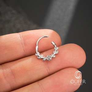 16G Rose Flower Leaf CZ Septum Ring/hinged Clicker/daith Earrings - Etsy
