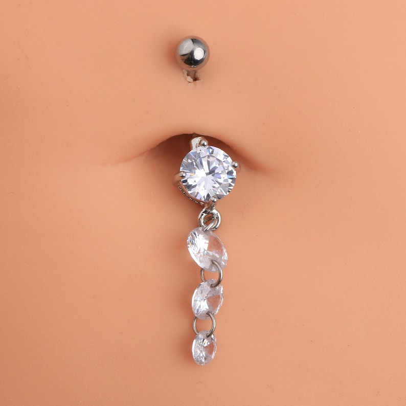 14G Round Clear CZ Dangle Belly Button Rings/ 14G Stainless - Etsy