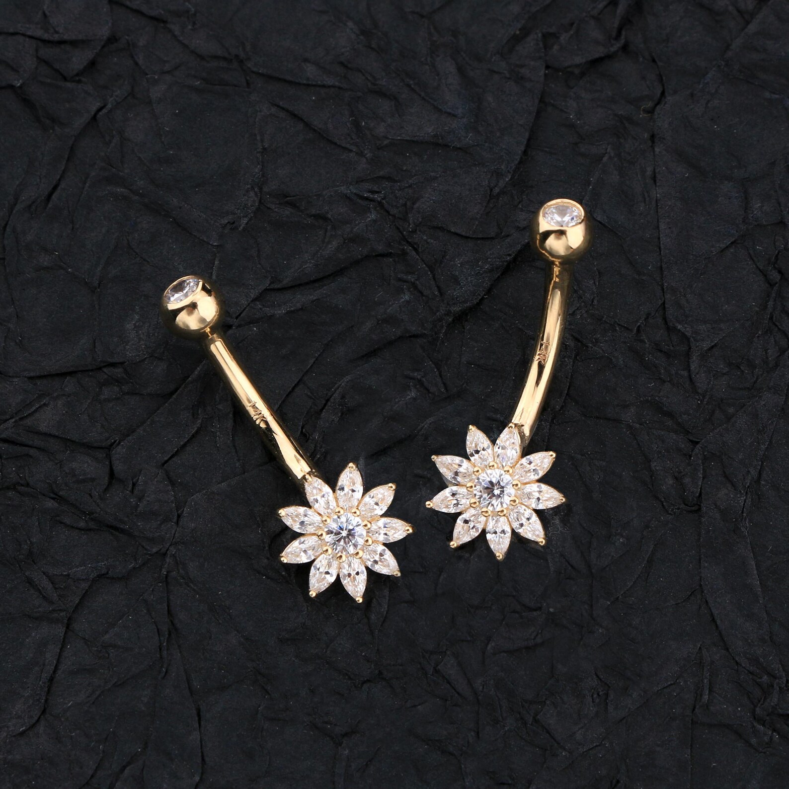 14K Solid Gold Flower CZ Belly Button Ring/floral Navel - Etsy