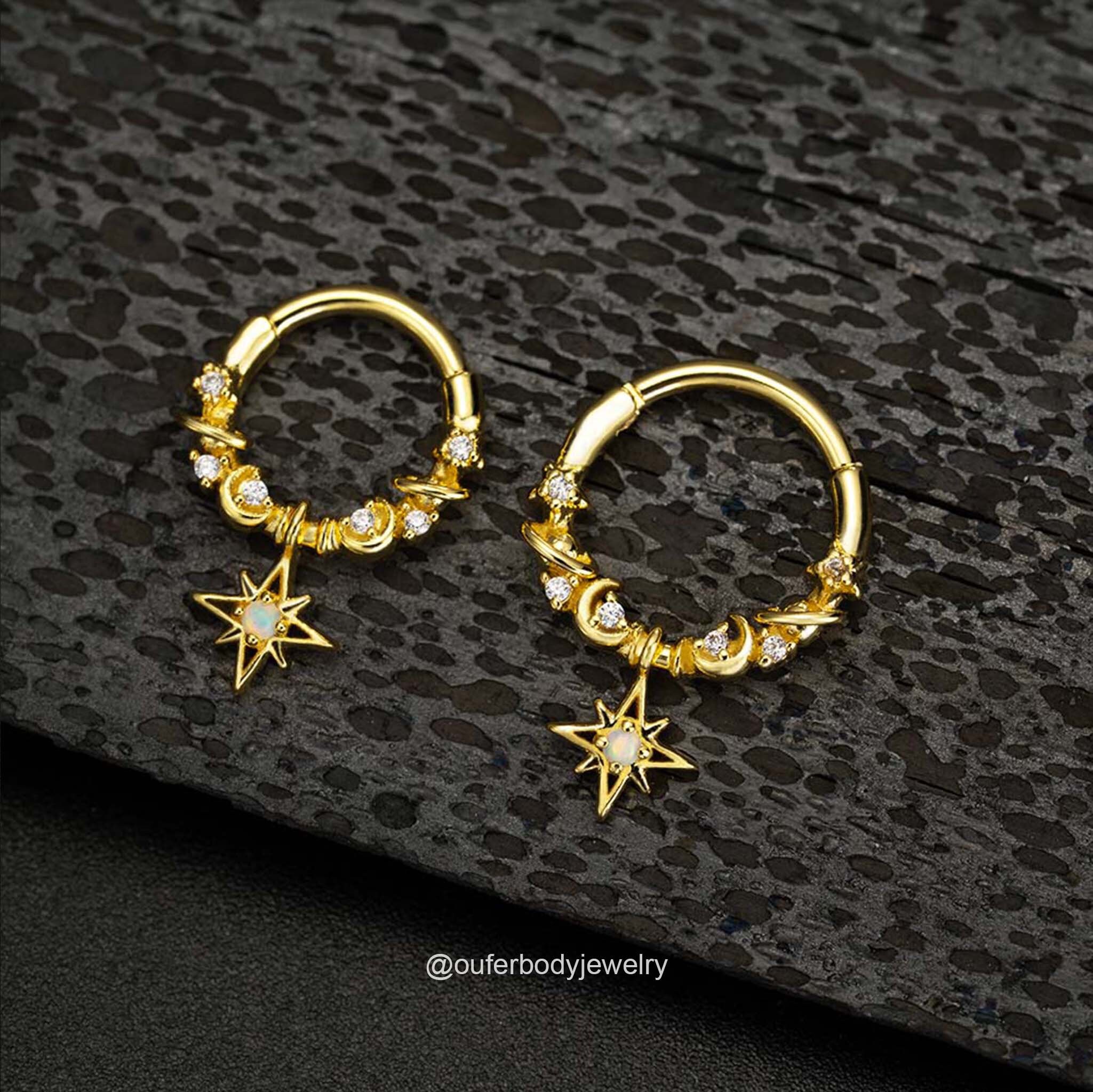 16G Gold Star/moon/planet Dangle Septum Ring/daith Earrings/helix Hoop ...