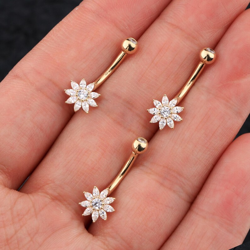 14K Solid Gold Flower CZ Belly Button Ring/floral Navel - Etsy