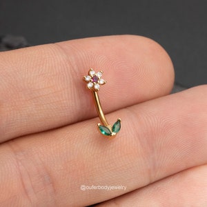 14G Flower Green Leaf Belly Button Ring/belly Piercing/belly Jewelry ...