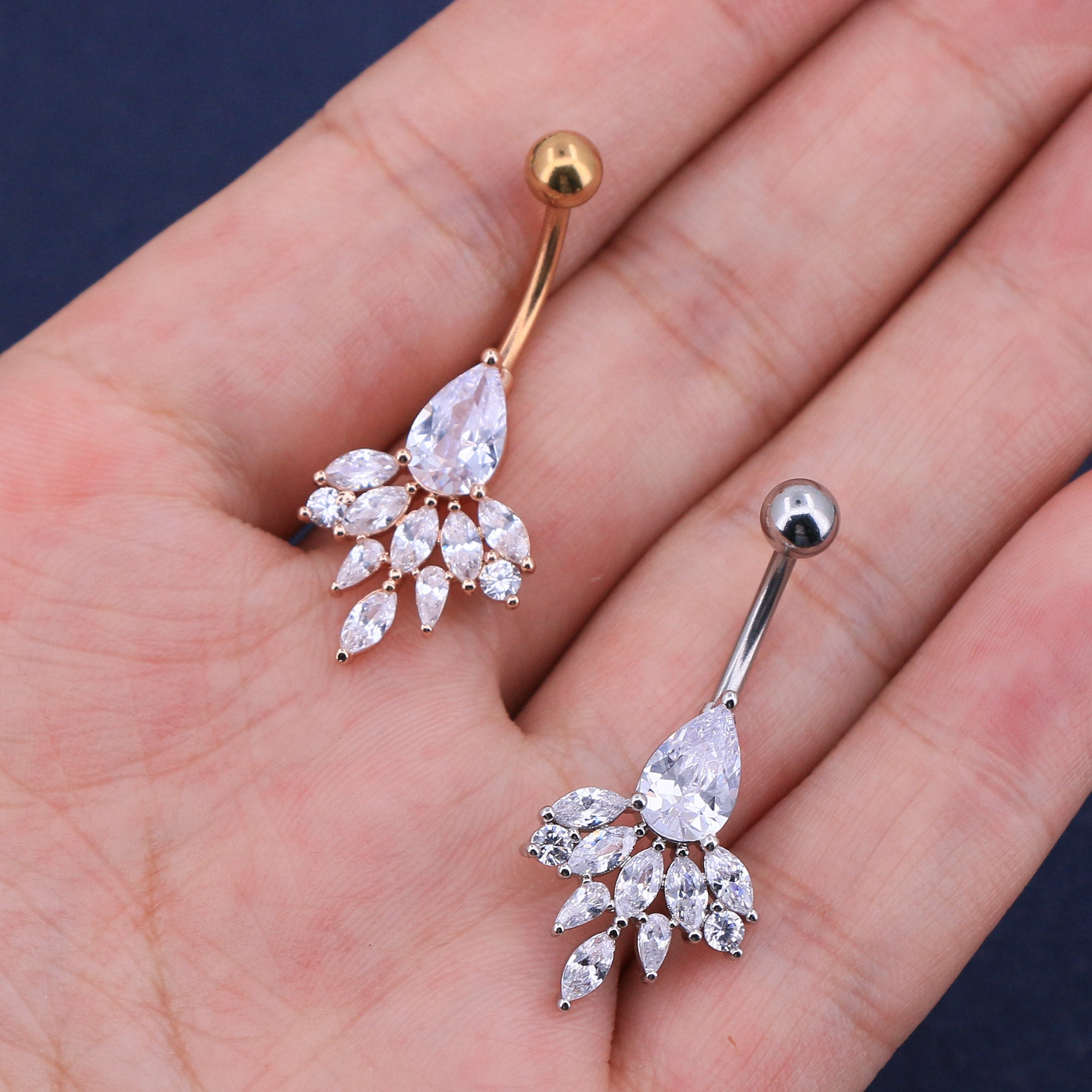 14G Clear CZ Gem Petal Pendant Dangle Belly Button Piercing | Etsy