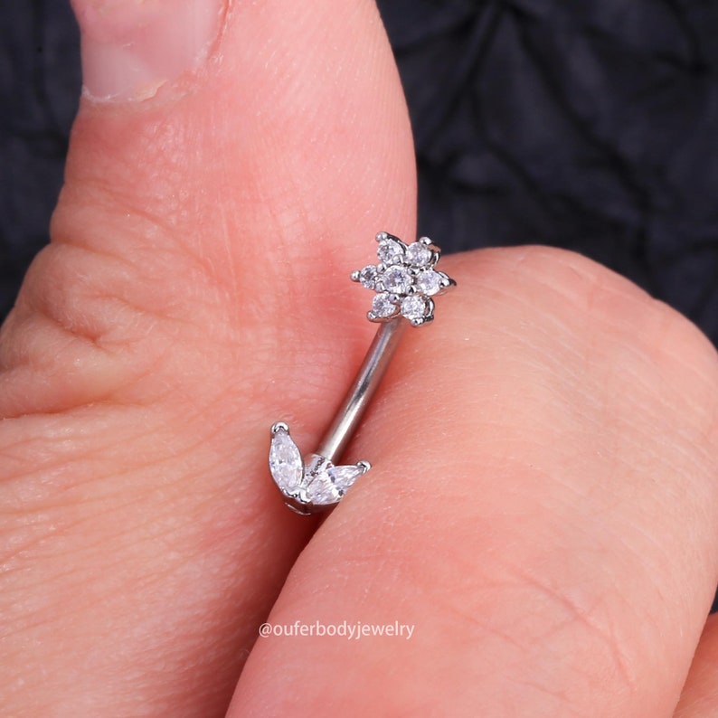 16G Silver Flower Sparkle Curved Barbell/rook Earring/eyebrow - Etsy