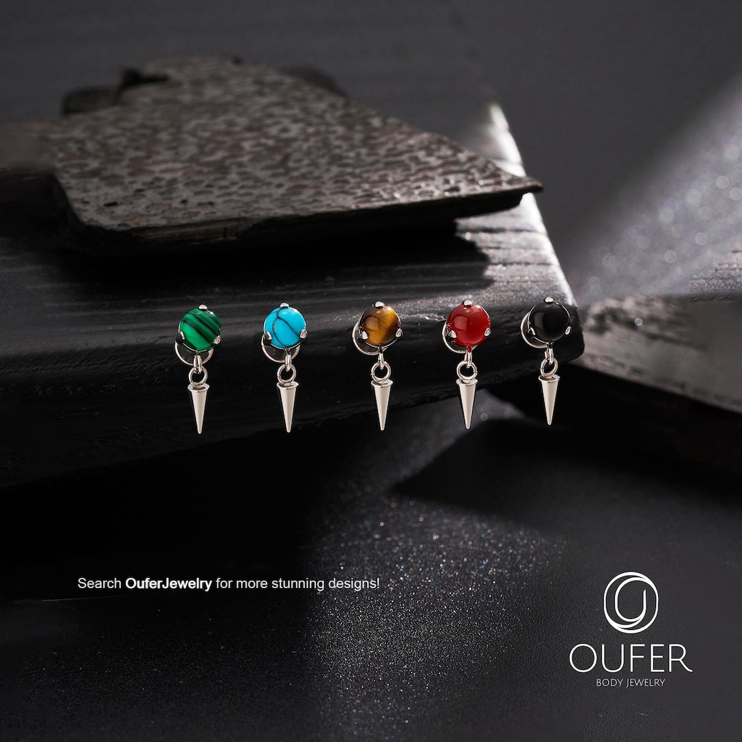 16G Natural Stone Dangle Spike Labret Stud/red Agate/turquoise/black ...