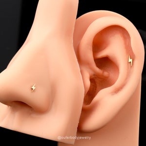 14K Solid Gold Tiny Lightning Bolt Threadless Push Pin Labret Stud/cartilage Earrings/forward ...