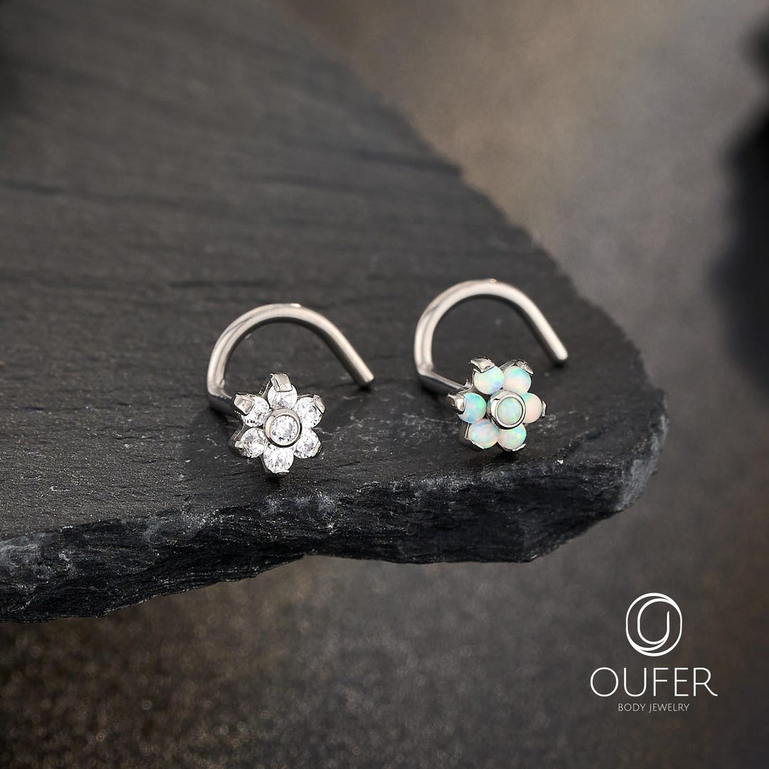 20G Push Pin Cz/opal Flower Nose Stud, S Shaped Threadless Nose Screw ...