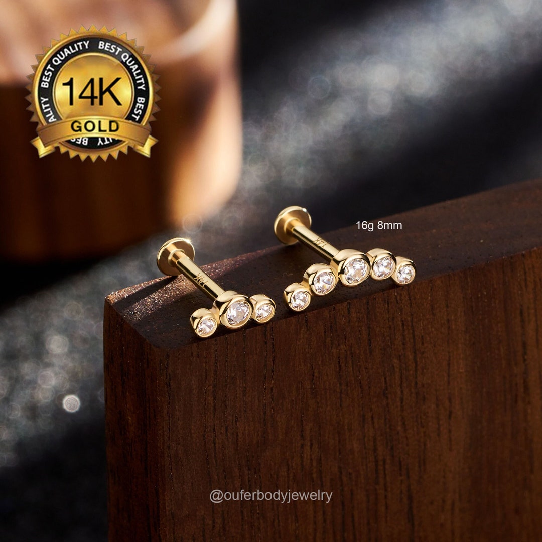 14K/9K Solid Gold Labret Cartilage Stud/bezel CZ Cartilage Climber ...