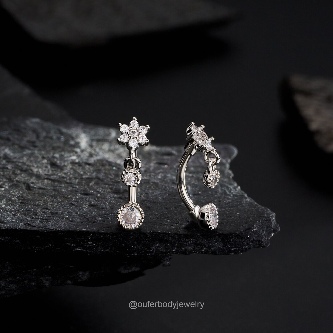 16G Flower CZ Dangle Rook Earring/curved Barbell/eyebrow Ring/vertical Labret Jewelry/rook ...