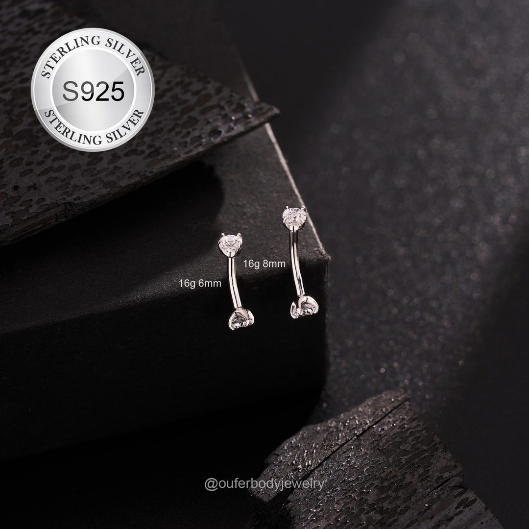16G S925 Silver Prong CZ Rook Barbell/internally Threaded Curved ...