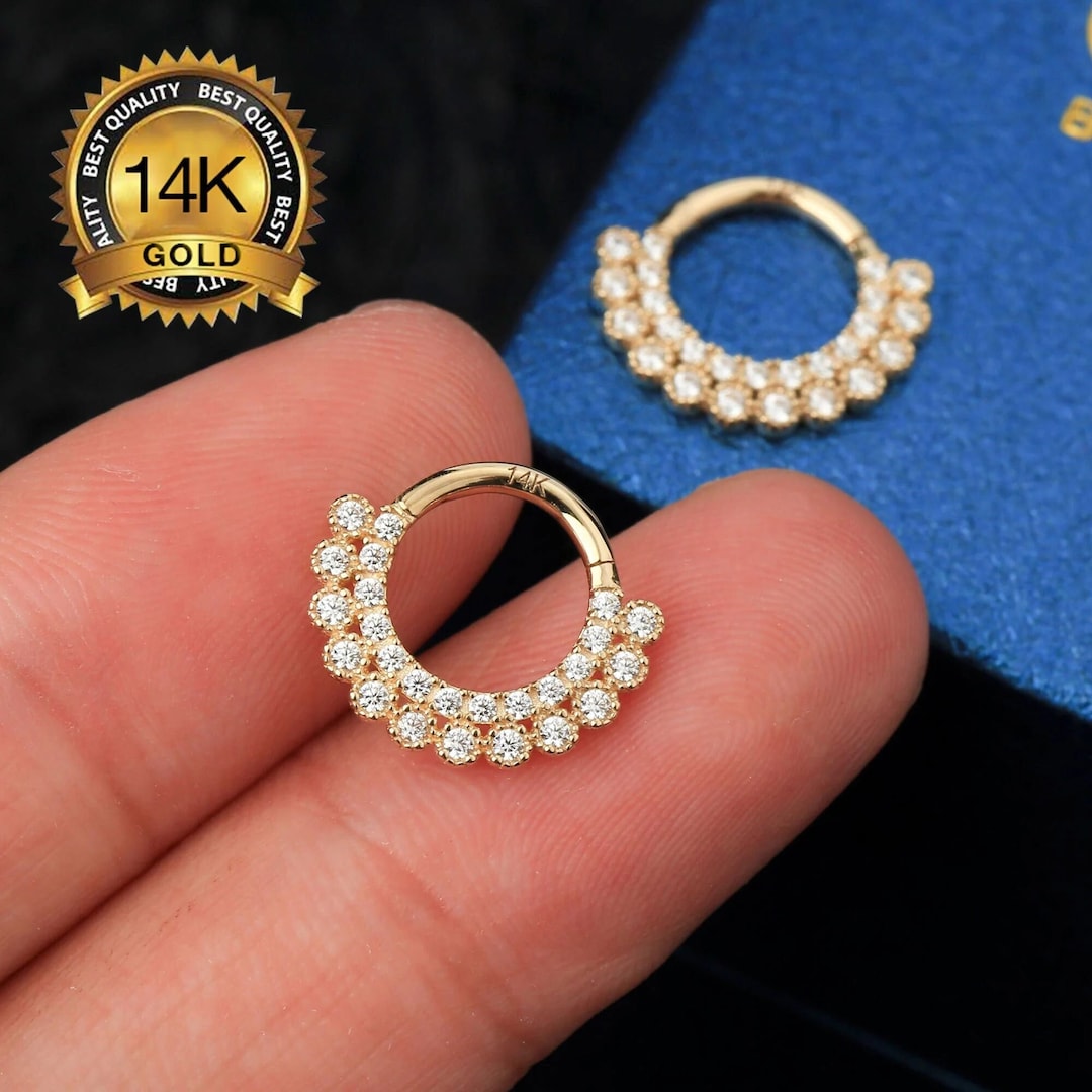 Orecchini Daith in oro massiccio 14K CZ/Cerchio del setto/Anello del setto a doppia fila/Cerchio ...