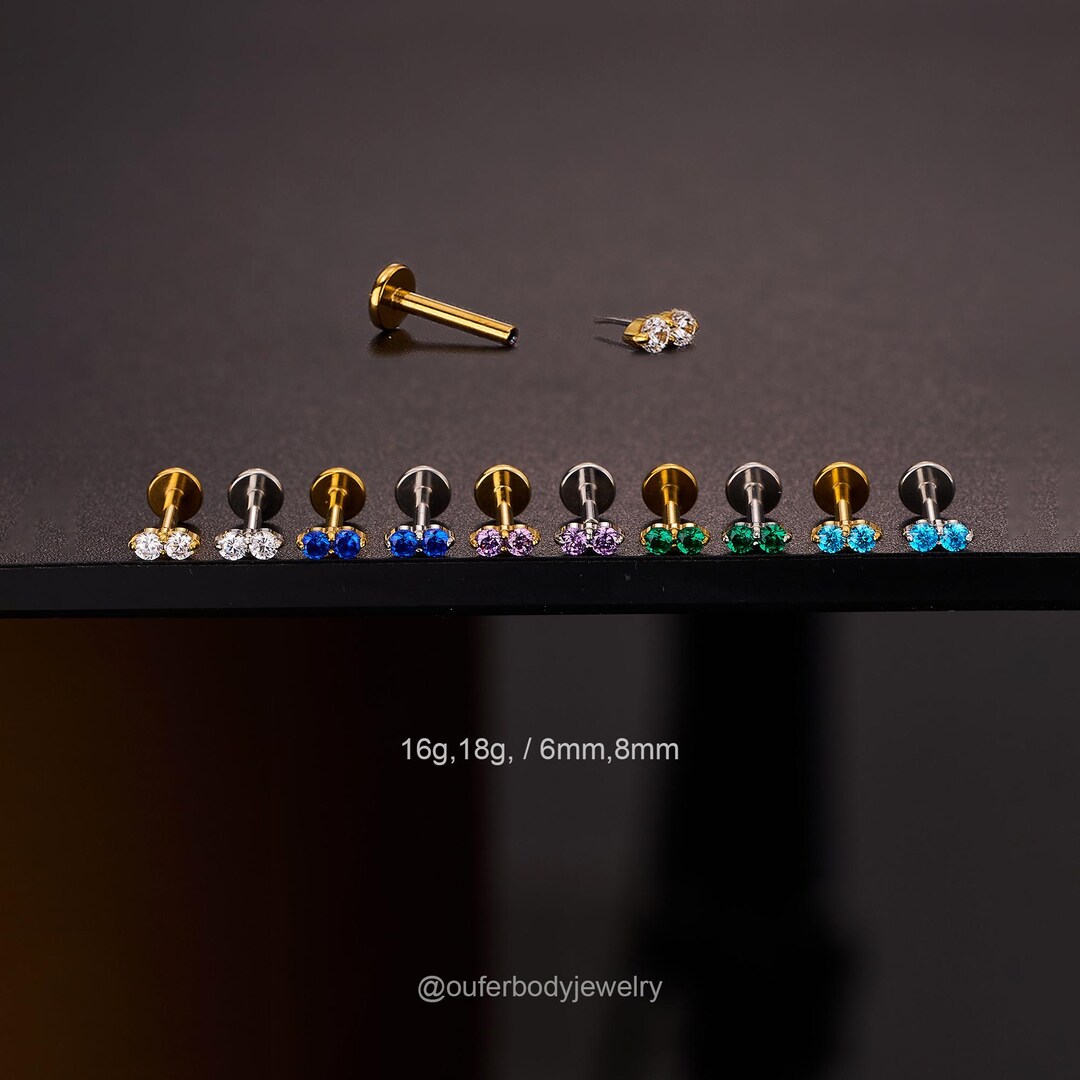 16G/18G Double Round CZ Flat Back Stud/gold/silver Cartilage Stud/push ...
