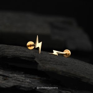 14K Solid Gold Tiny Lightning Bolt Threadless Push Pin Labret Stud/cartilage Earrings/forward ...