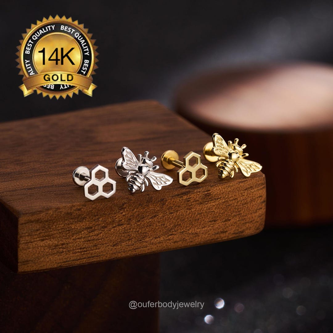 14K Solid Gold Bee & Honeycomb Threadless Push Pin Labret Stud | Elegant Cartilage Piercing ...