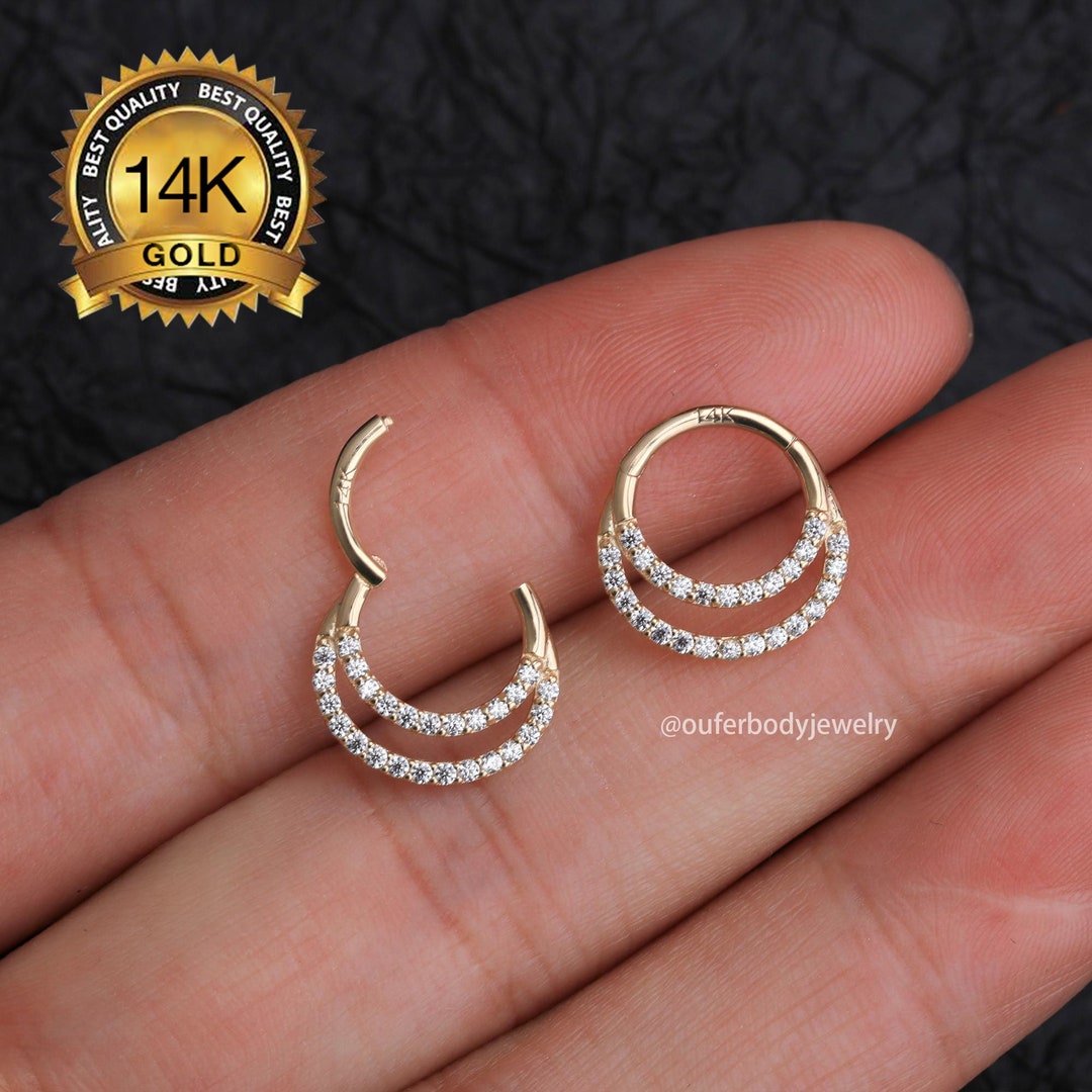 14K Solid Gold CZ Paved Double Loop Septum Ring/daith Hoop Ring/16g ...