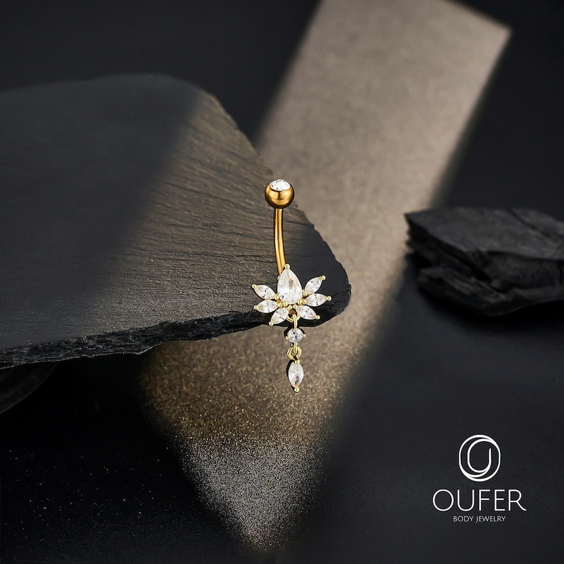 Anneau de nombril fleur de lotus 14 g - Piercing d'haltères pendants au ...
