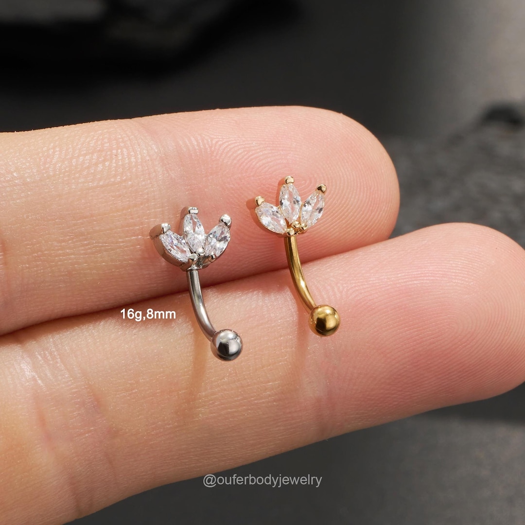 16G Lotus Crown CZ Curved Barbell/rook Earring/eyebrow Ring/rook Barbell/vertical Labret Jewelry ...