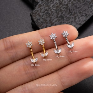 16G Silver Flower Sparkle Curved Barbell/rook Earring/eyebrow Ring/rook ...
