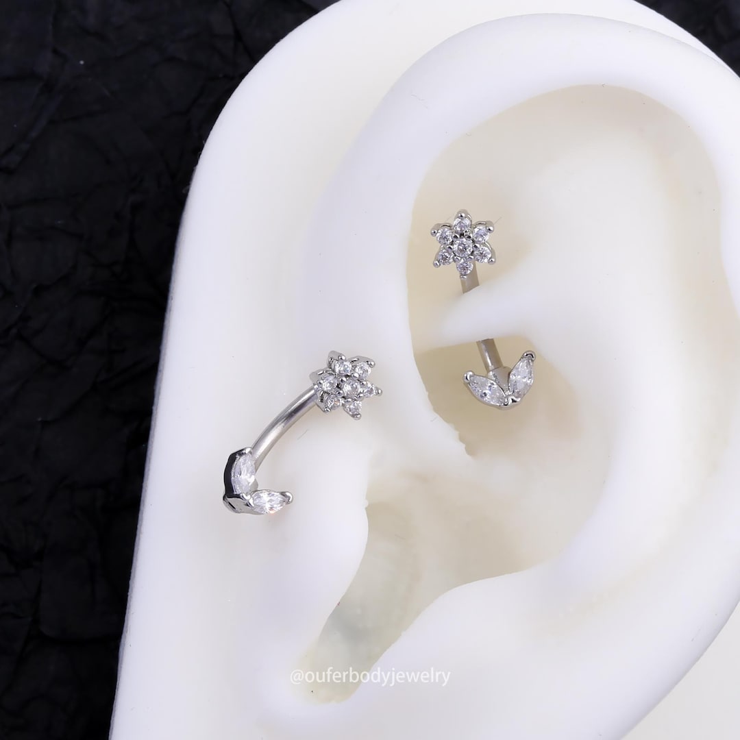 16G Silver Flower Sparkle Curved Barbell/rook Earring/eyebrow Ring/rook ...