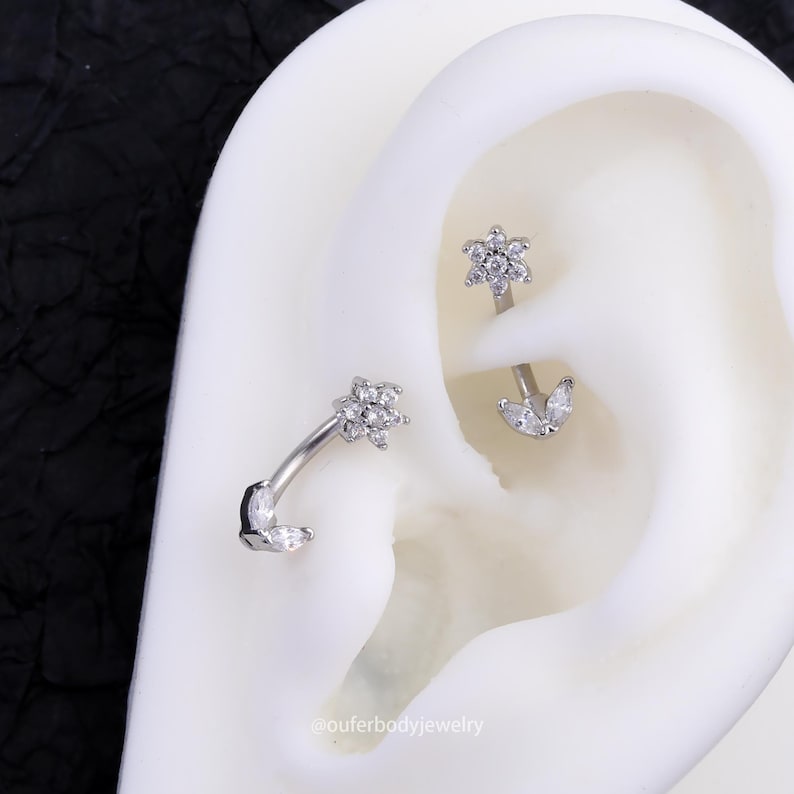 16G Silver Flower Sparkle Curved Barbell/rook Earring/eyebrow - Etsy