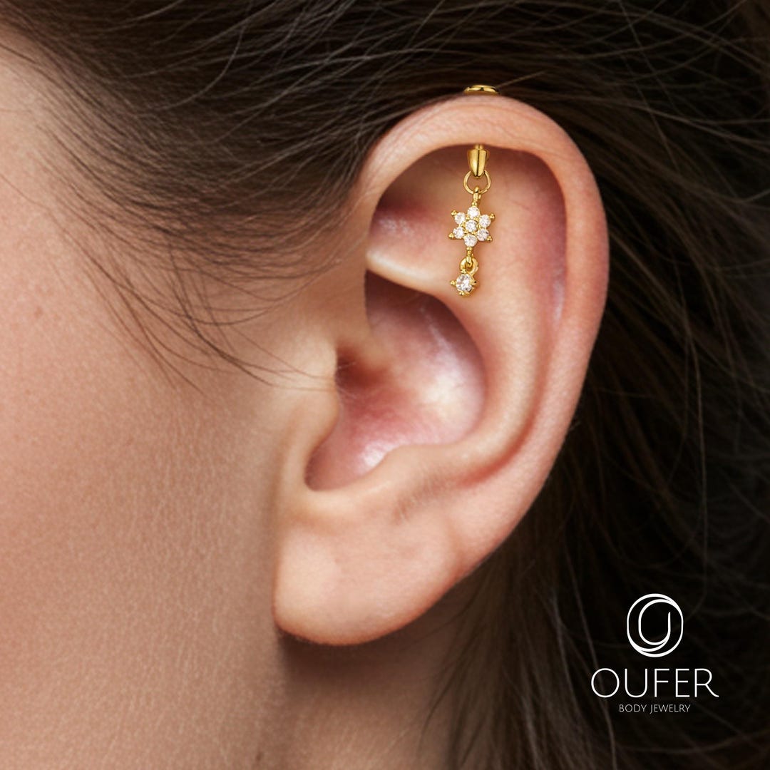 16G Flower CZ Hidden Vertical Helix Earring, Dangle Hidden Rook ...
