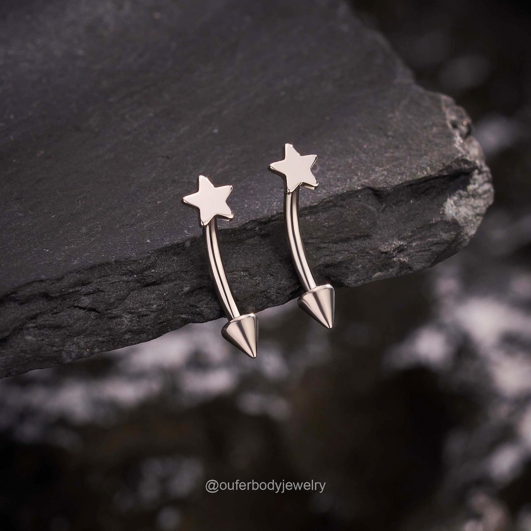 16G Titanium Star & Spike Curved Barbell/rook Earring/eyebrow Ring/rook Barbell/vertical Labret ...