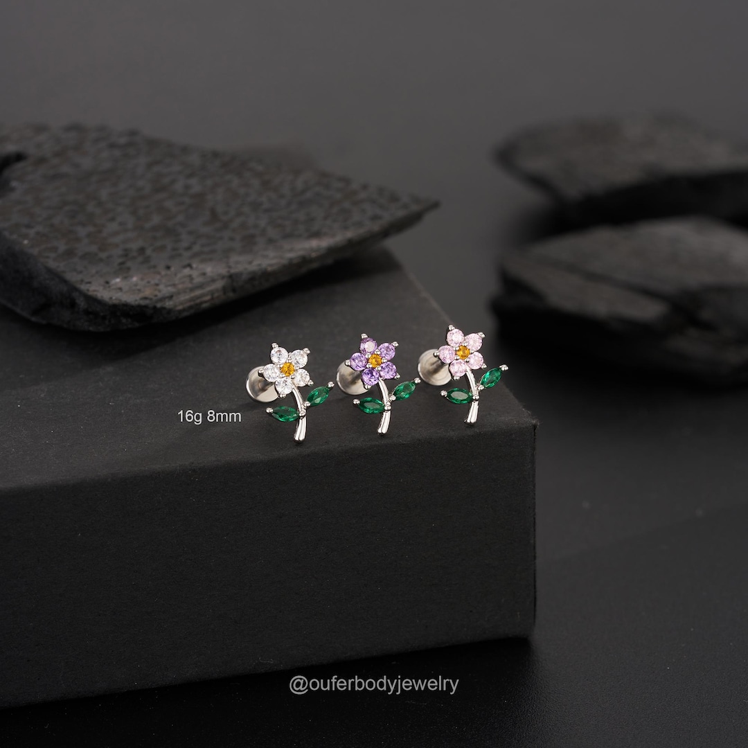 16G 8mm Spring Flower Cartilage Stud – Internally Threaded Flat Back ...