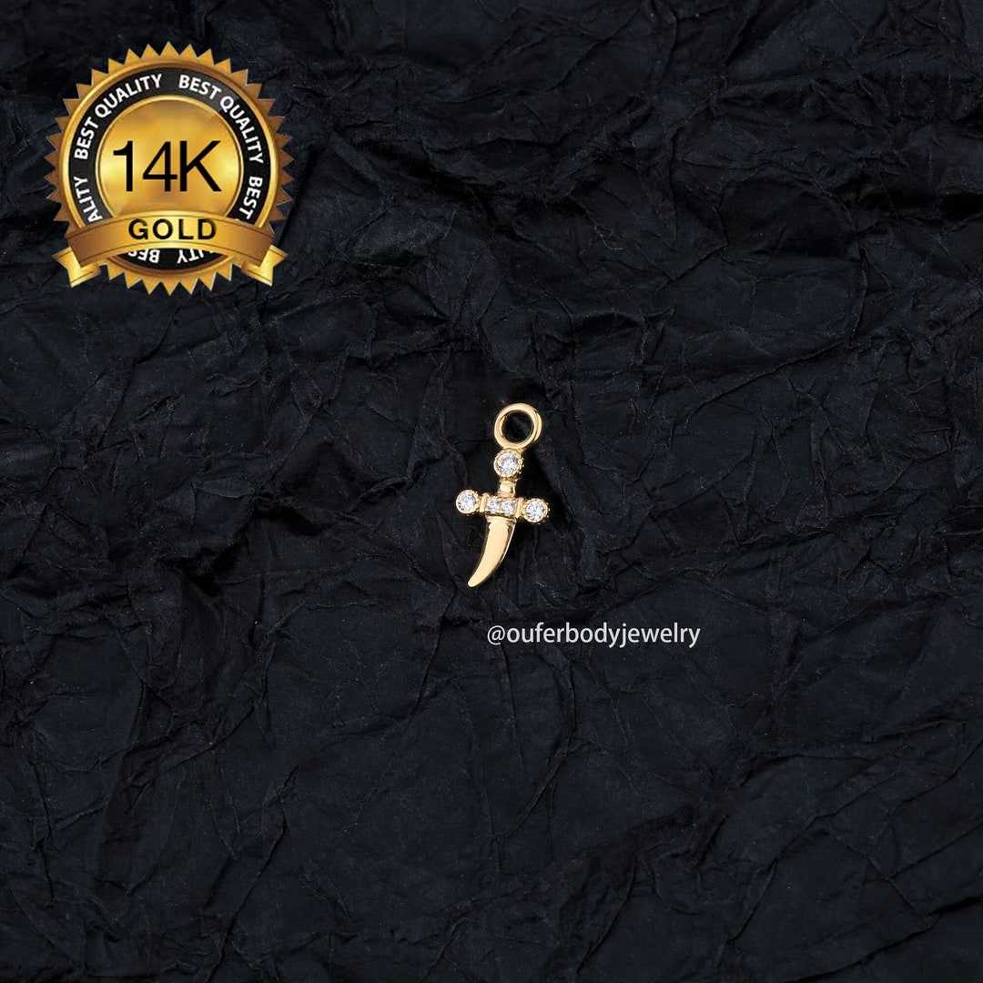 14K Solid Gold Dagger Hoop Earring Charm/huggies Charms/mini Charm Hoop ...