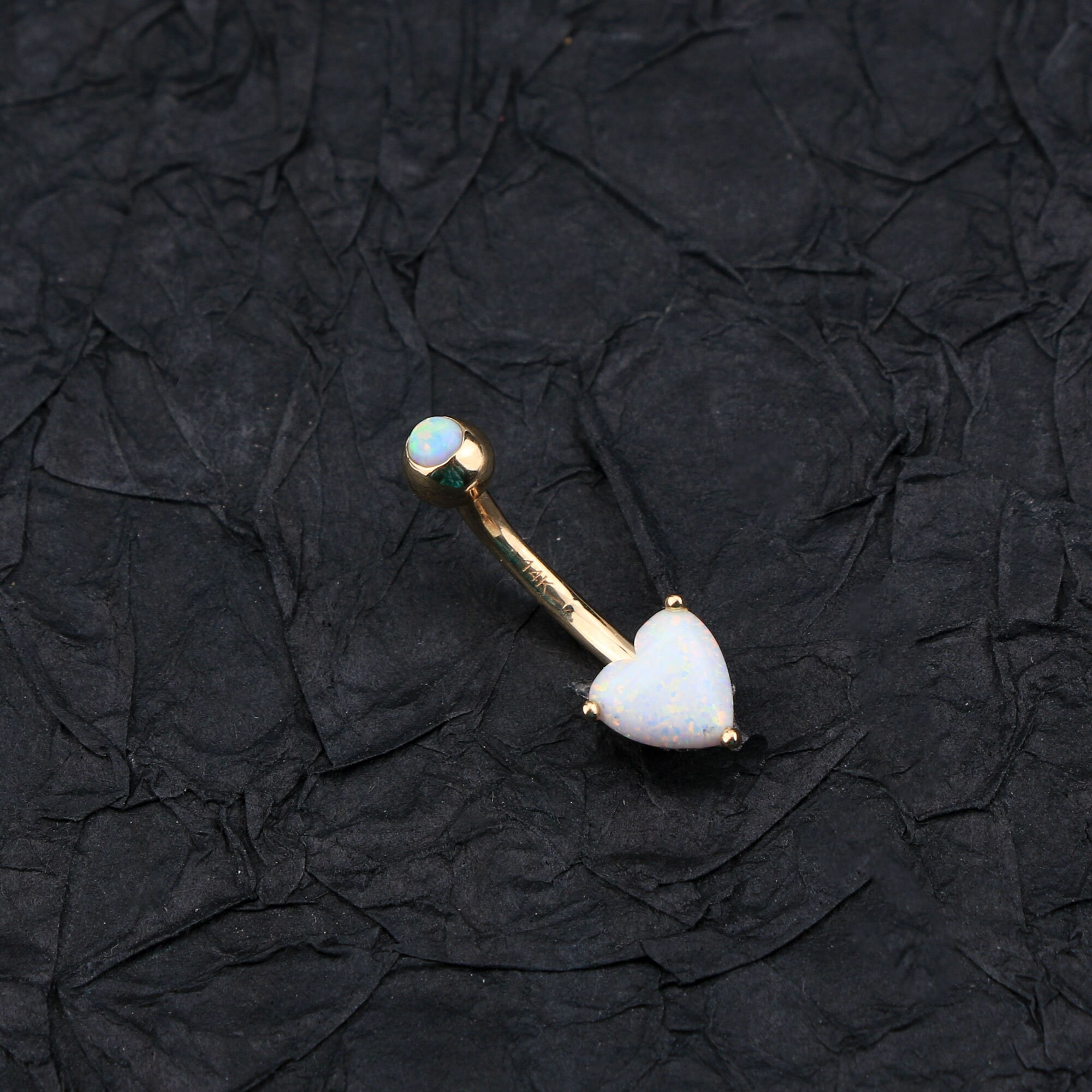 14K Solid Gold Heart Opal Belly Button Ring/white Gold Belly Ring/14g ...