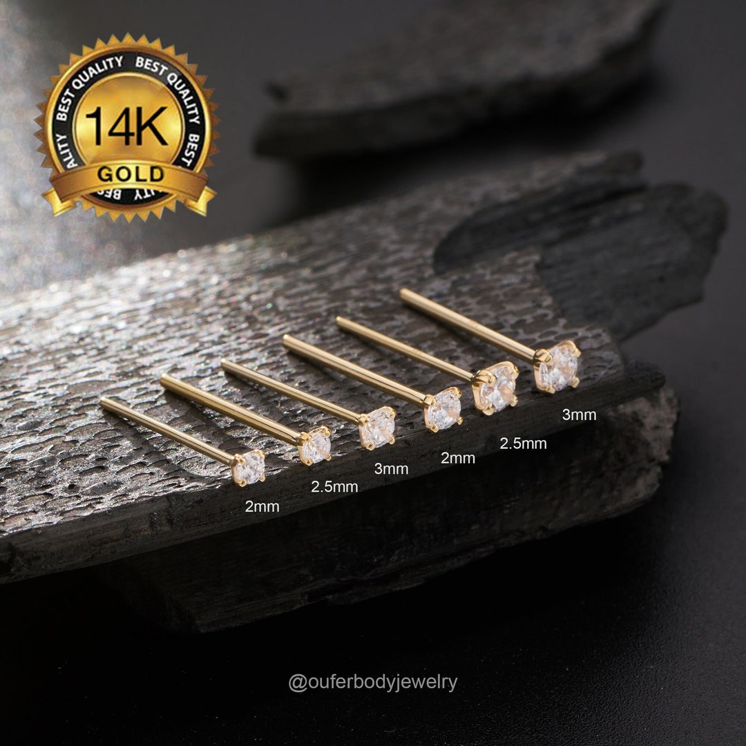 14K Solid Gold Tiny CZ Fishtail Nose Piercing 2mm,2.5mm,3mm/18g/20g ...