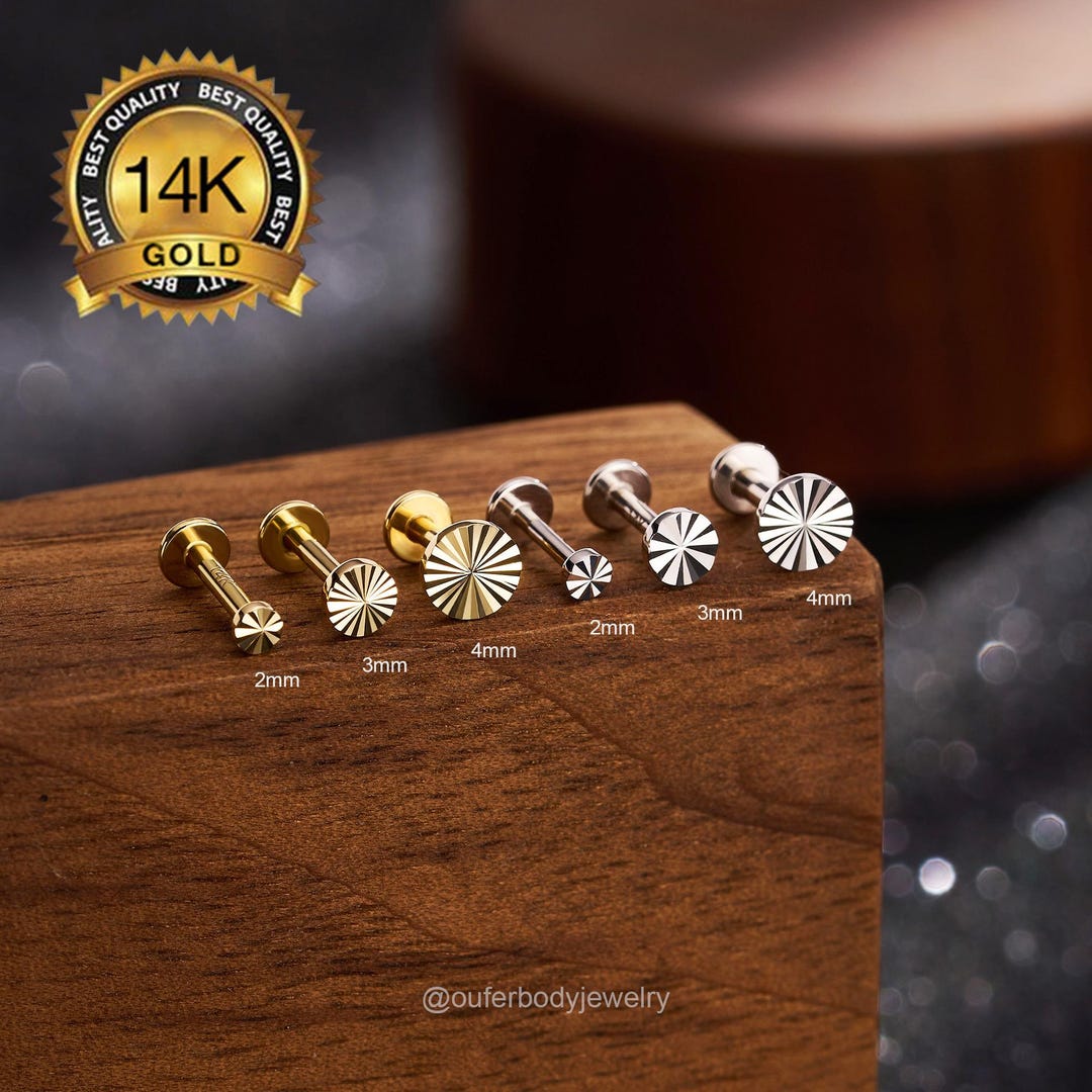 14K Solid Gold Tiny Flat Disc Diamond Cut Threadless Push Pin Labret ...