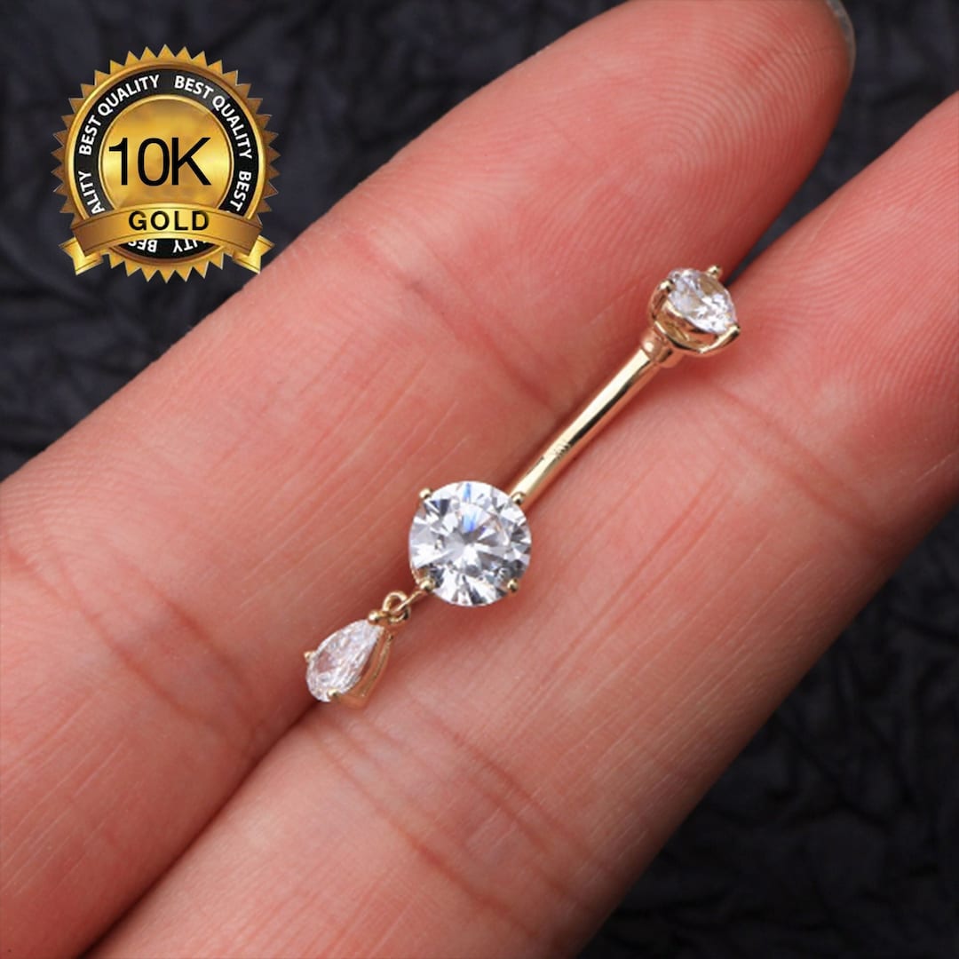 10K Solid Gold Double CZ Belly Dangle Rings/ 14G Belly Button Rings ...