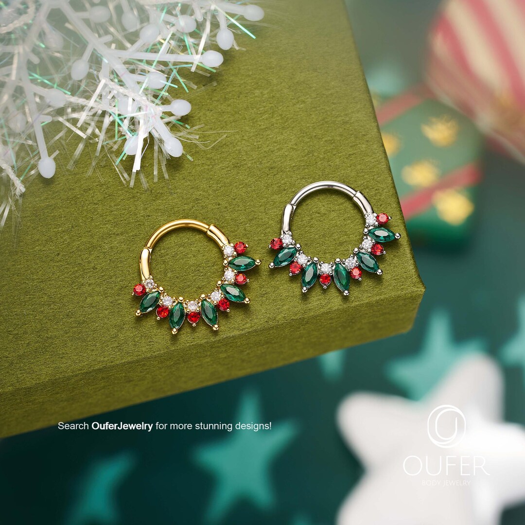 16G Christmas Mistletoe Septum Ring – Green/red CZ Septum Clicker ...