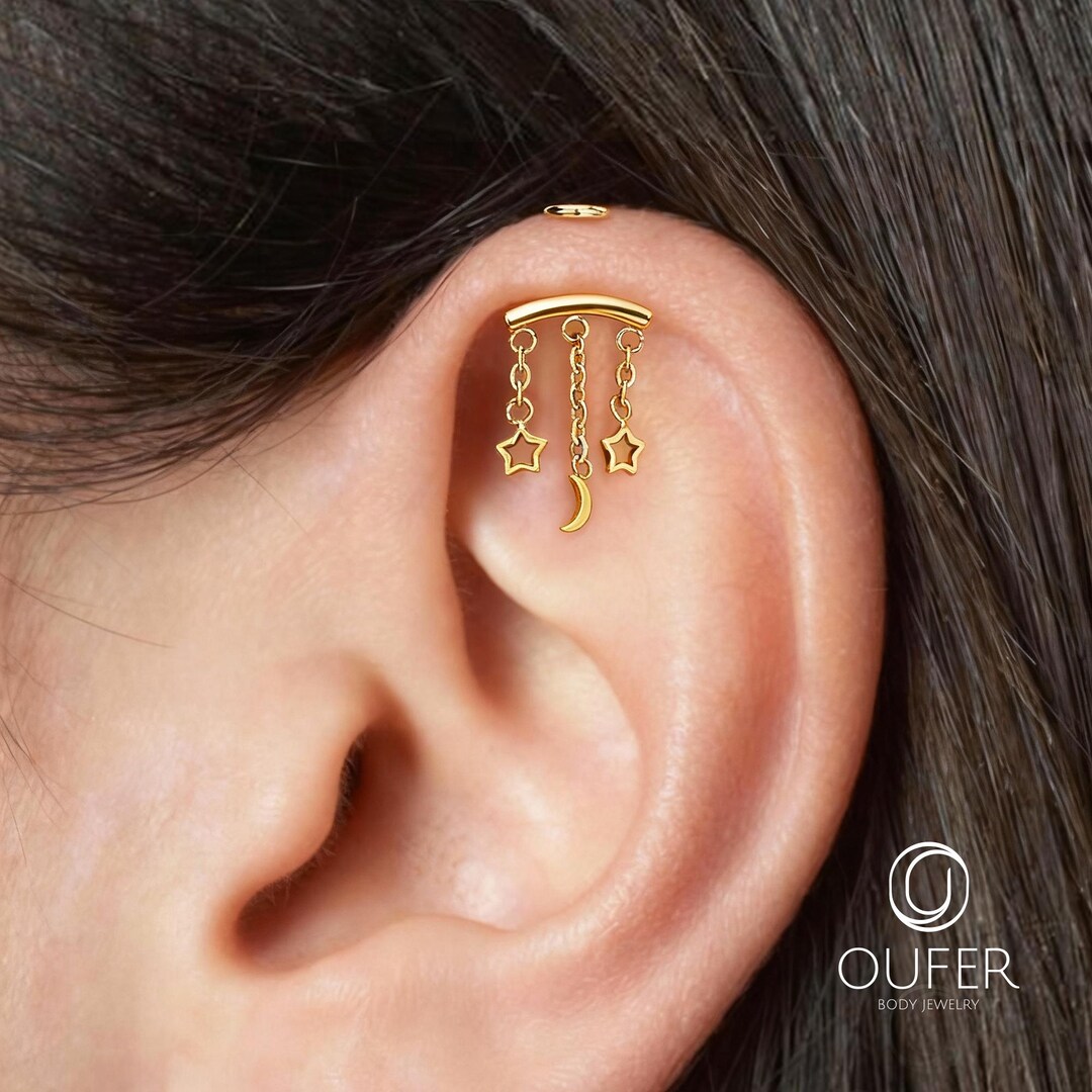 16G Vertical Helix Threadless Star Dangle Chain Earring-push Pin Flat ...