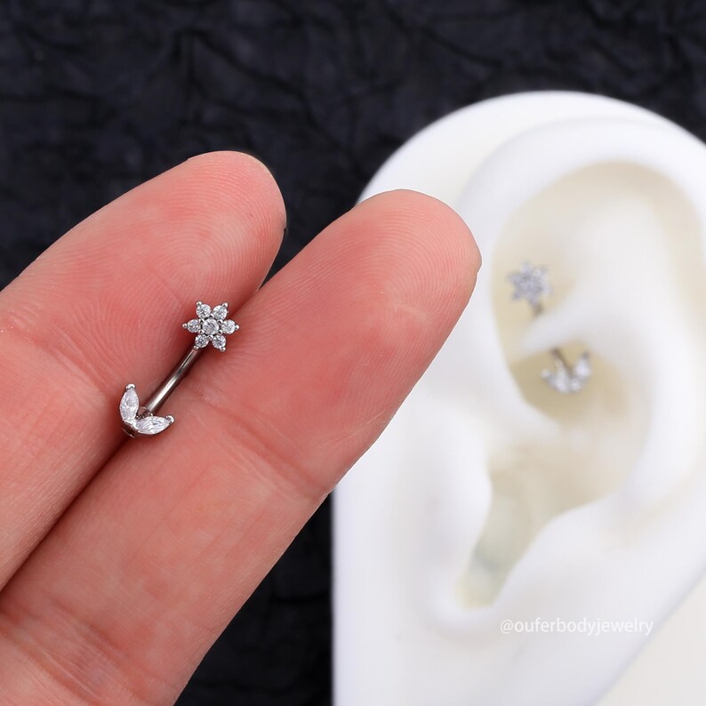 16G Silver Flower Sparkle Curved Barbell/rook Earring/eyebrow - Etsy