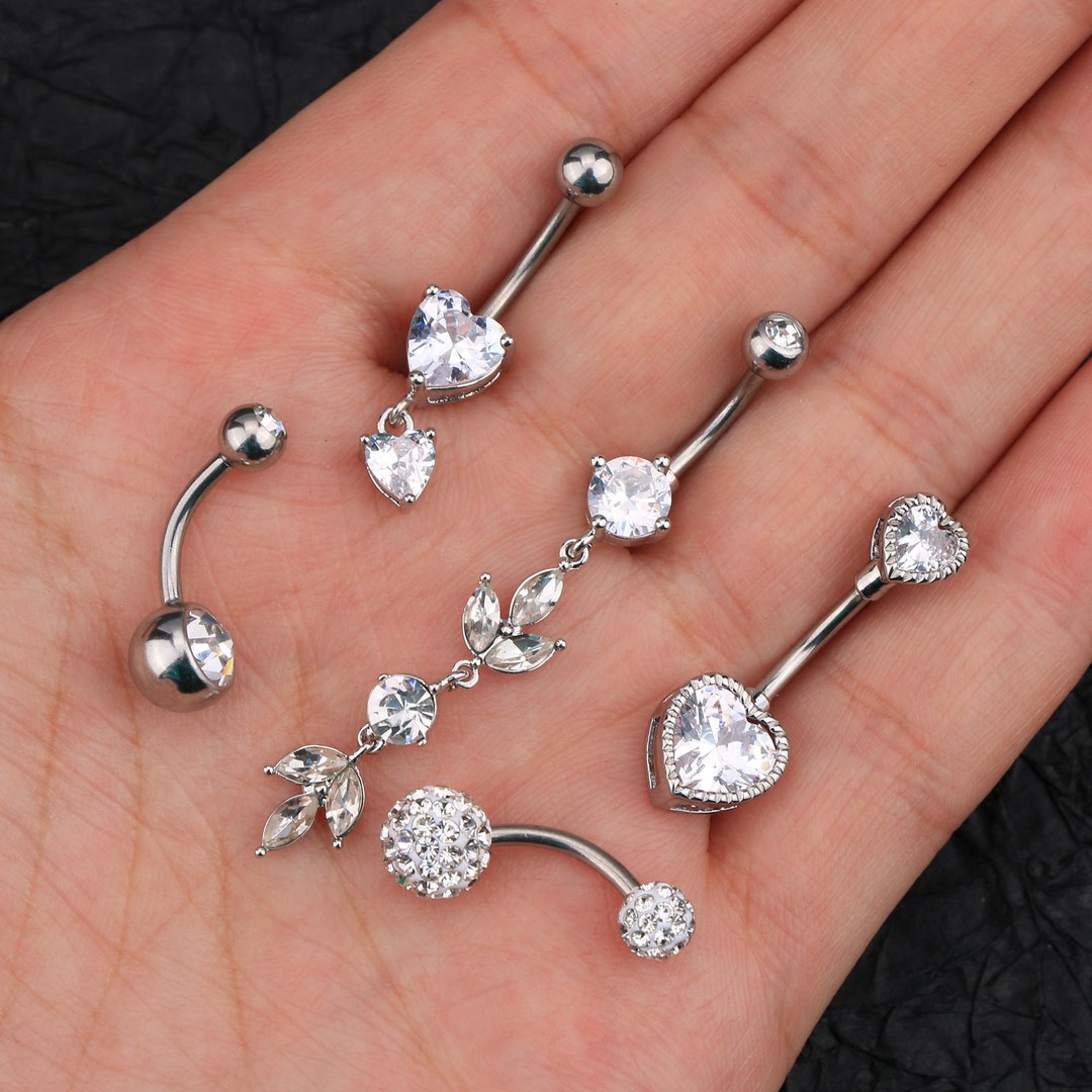 5PC 14G Silver Belly Button Rings Set/dangle Belly Ring/cz Navel ...