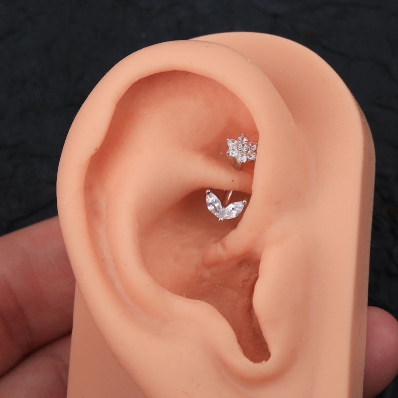 9K &14K Solid Gold Flower Sparkle Curved Barbell/16g Rook - Etsy