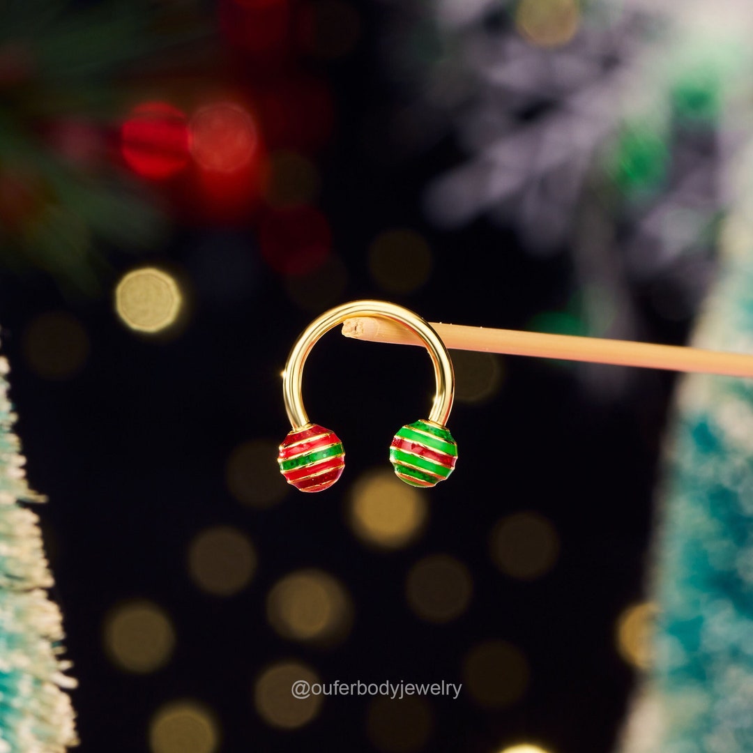 16G Internally Threaded Christmas Horseshoe Septum Ring/green Red ...