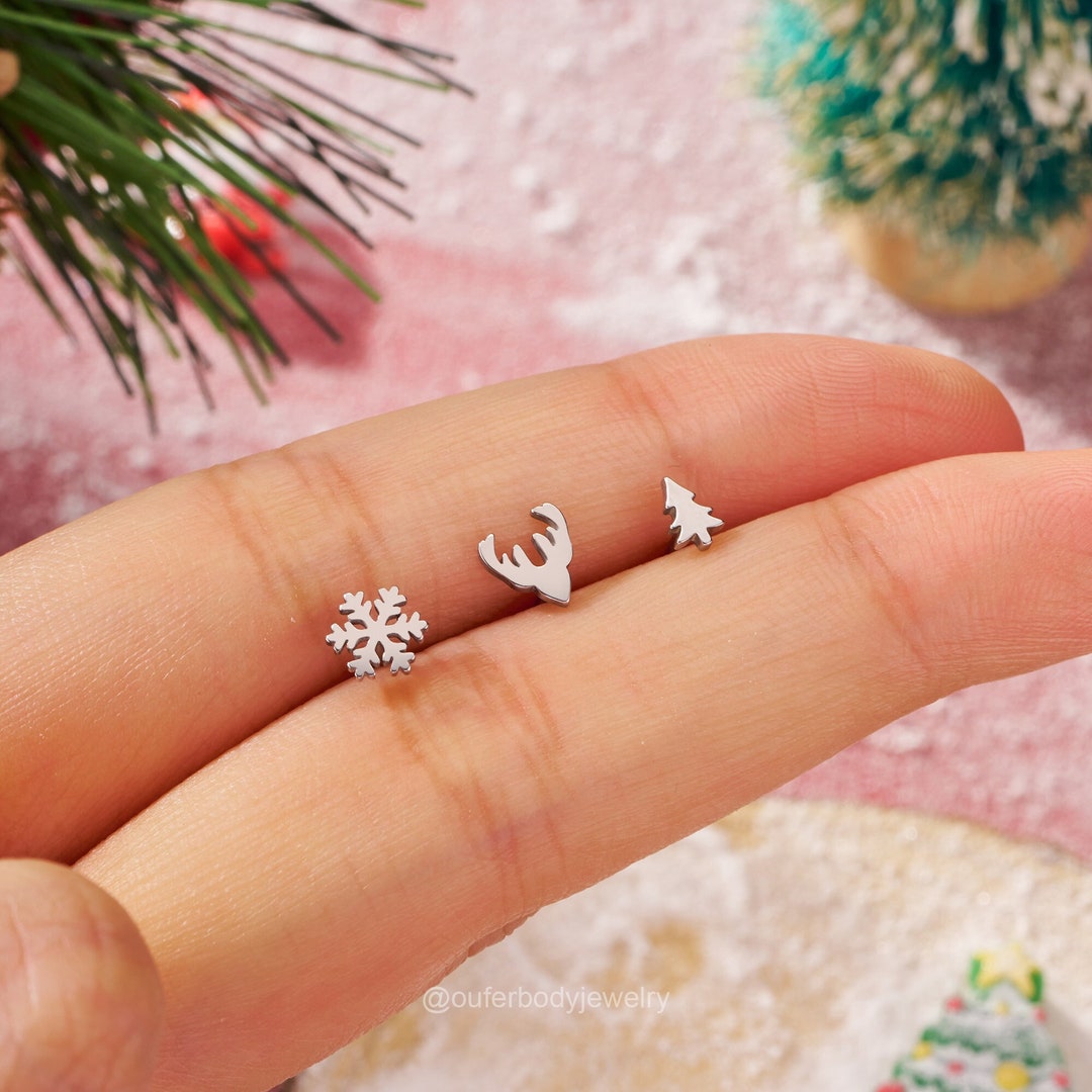 3pcs 20G Christmas L Shape Silver Nose Stud/steel Flat Nose Ring/tree ...