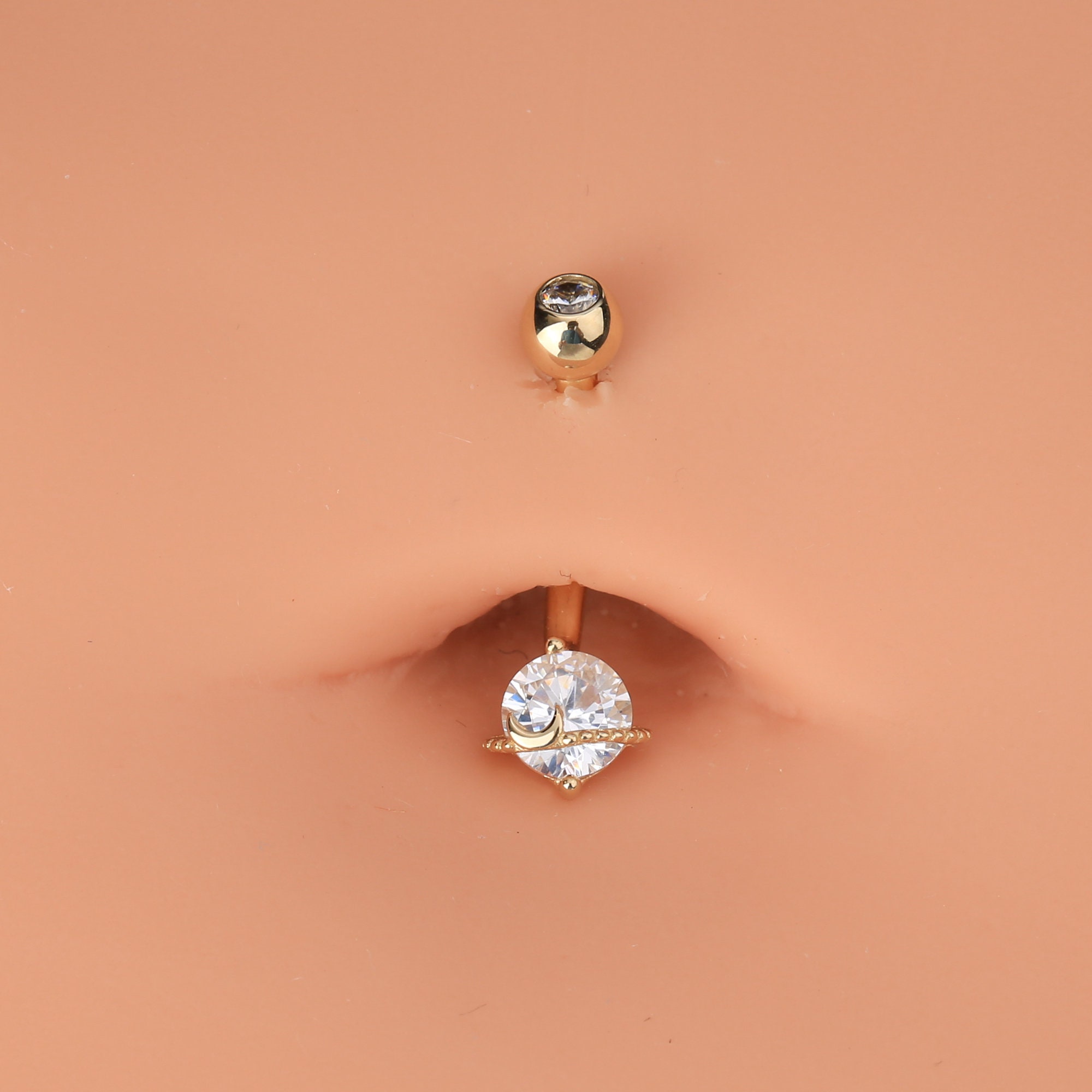 14K Solid Gold Planet CZ Belly Button Ring/14g Navel Ring/belly Rings ...