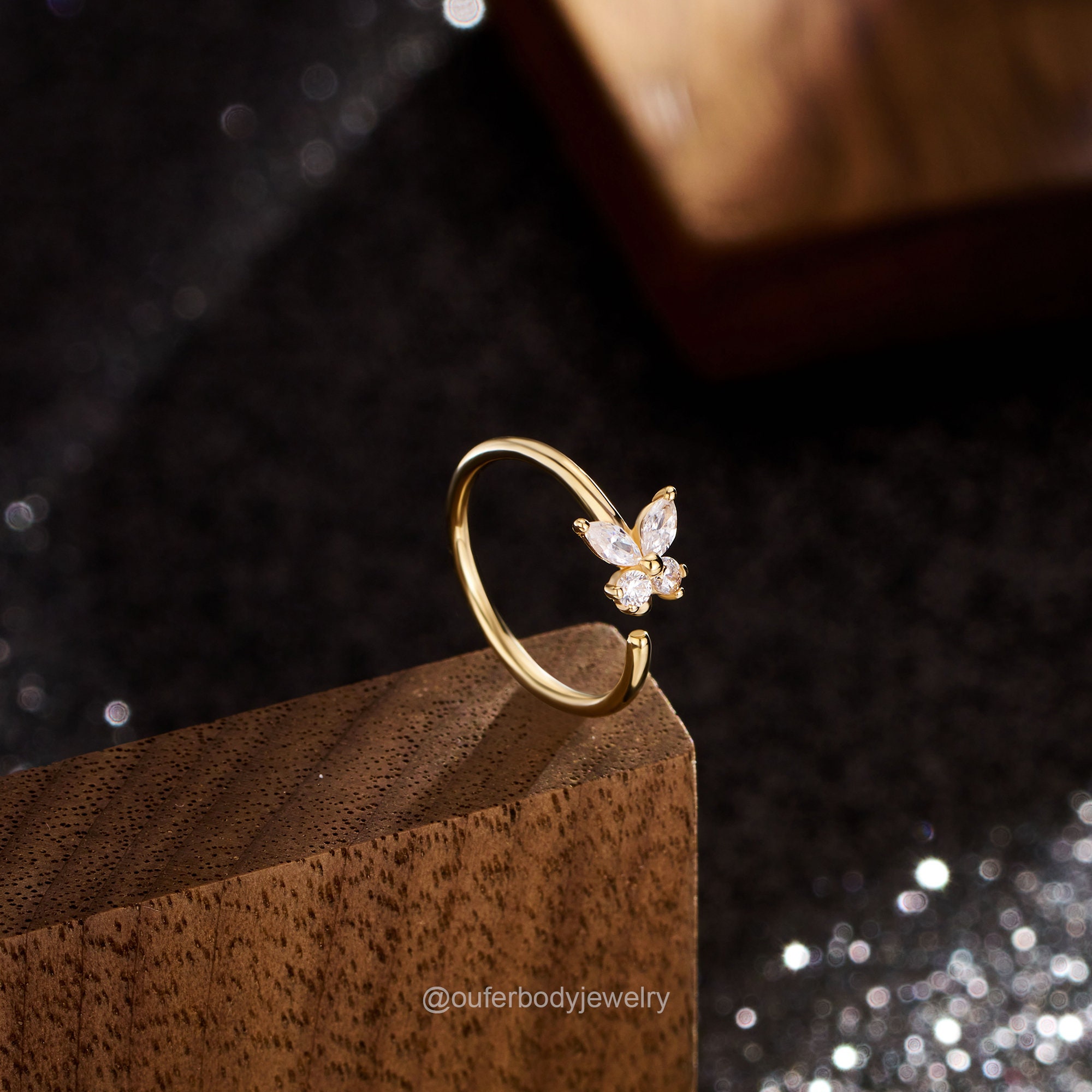 14K Solid Gold Butterfly Cz/opal Nose Hoop 20g18g/small Thin Nose Ring ...
