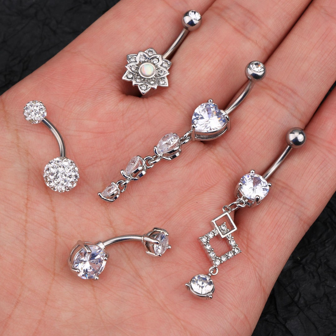 5PC 14G Stainless Steel Belly Button Rings/dangle Belly Ring /CZ Navel ...