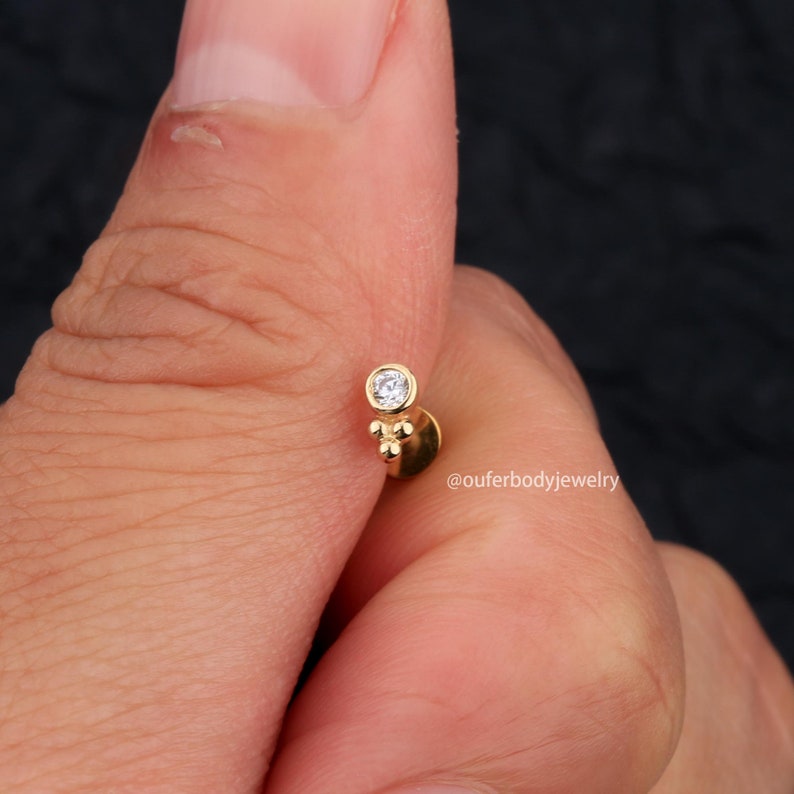 14K Gold CZ Beads Threadless Push Pin Labret - Etsy