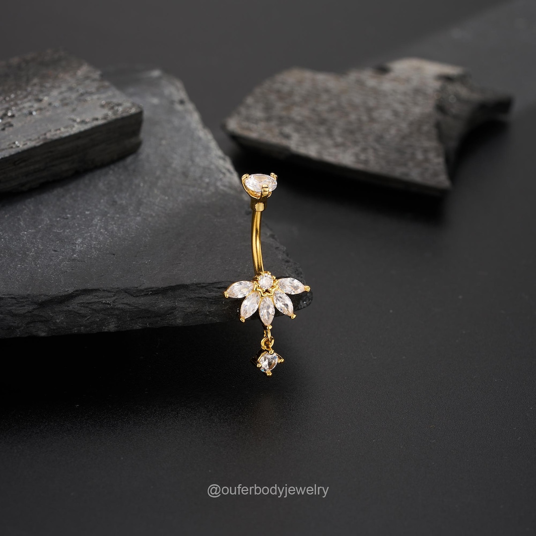 14G 10mm Gold Lotus Flower Dangle Belly Ring,cz Navel Ring,dainty ...