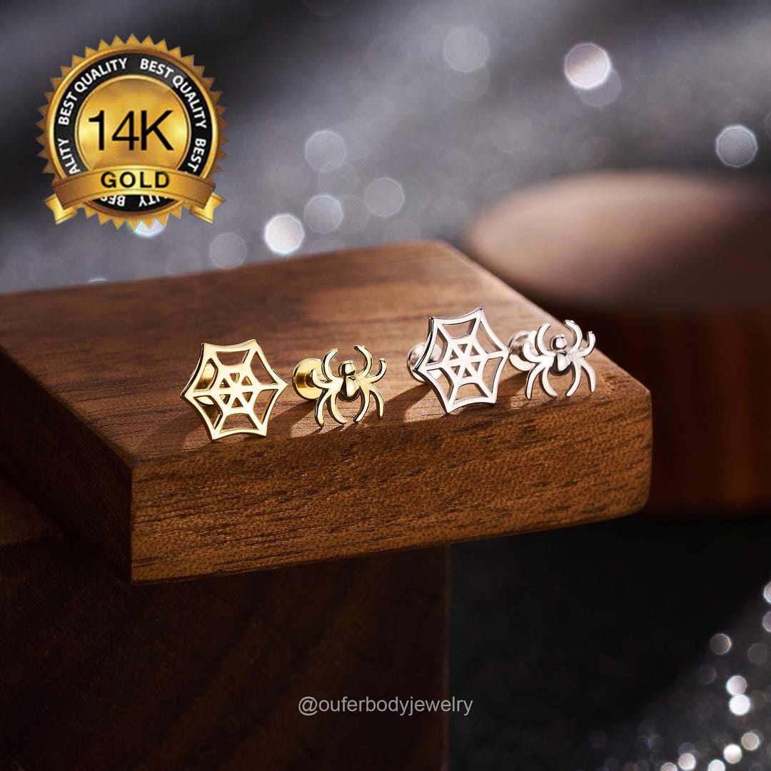 14K Solid Gold Spider & Cobweb Threadless Push Pin Labret Stud ...