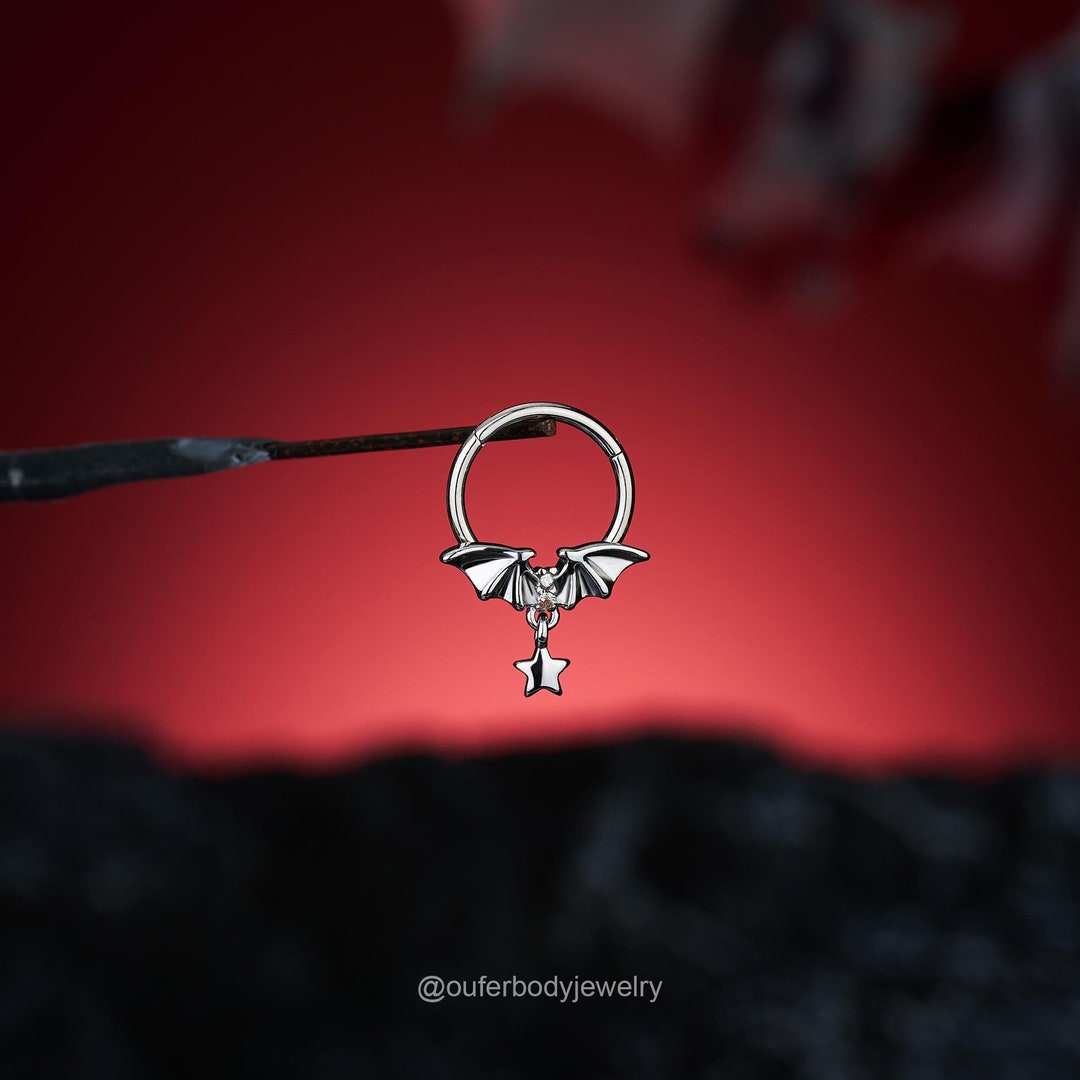 16G Silver Bat Septum Ring Dangling Star Hoop Clicker/helix Earring/bat ...