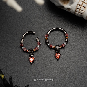 16G Skull Head Heart Dangle Hinged Segment Septum Ring/black Red Septum ...