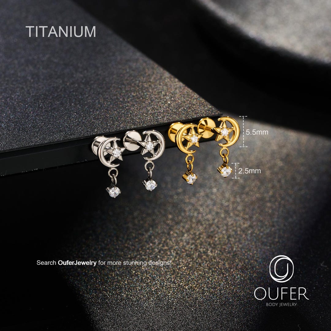 18G 6mm Gold/silver Moon & Star Labret Stud – Threadless Celestial ...