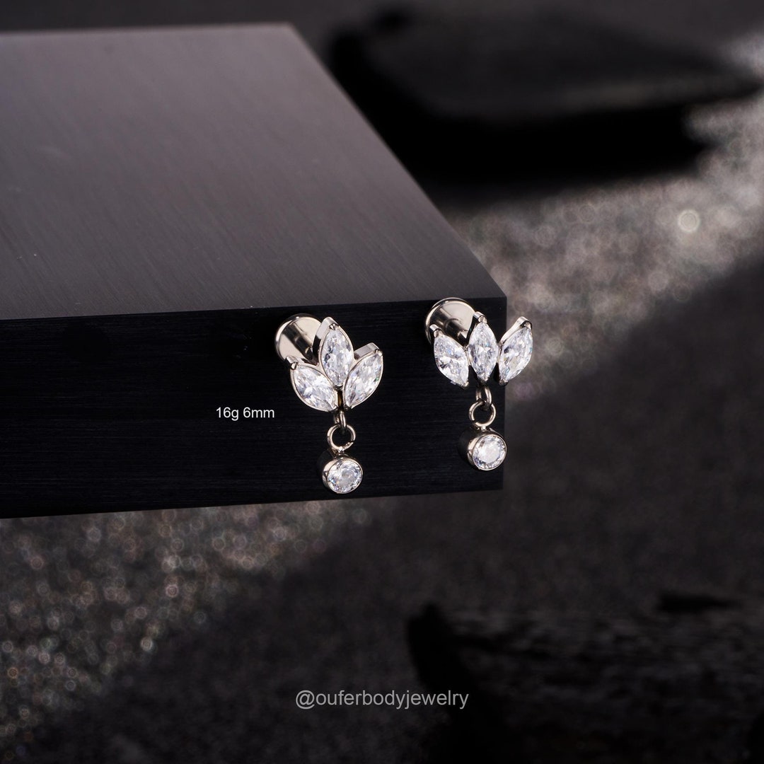 16G Titanium Crown Dangle CZ Labret Stud/lotus Cartilage Stud/conch ...