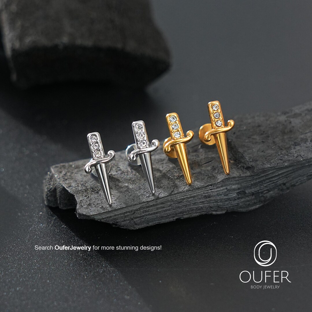 16G Dagger Flat Back Cartilage Stud – Threadless End, CZ Hilt Design ...